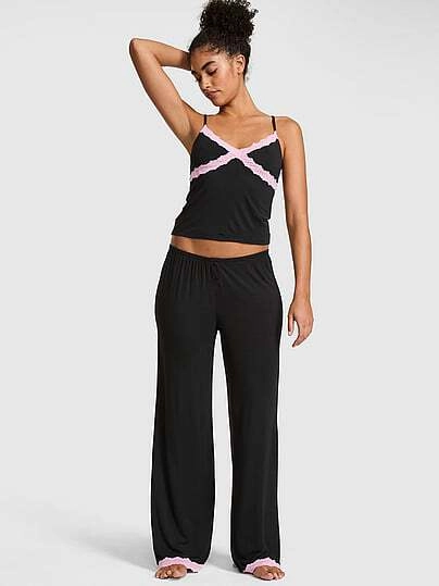 Pink Modal Lace-trim Cami & Pants Pajama Set - Black