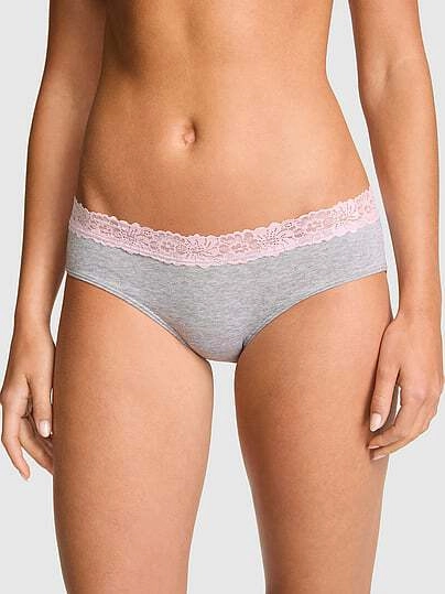 Pink Cotton Lace-trim Hiphugger Panty - Grey