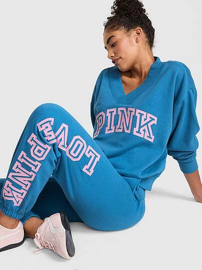 Pink Campus Fleece V-neck Sweatshirt - Blue