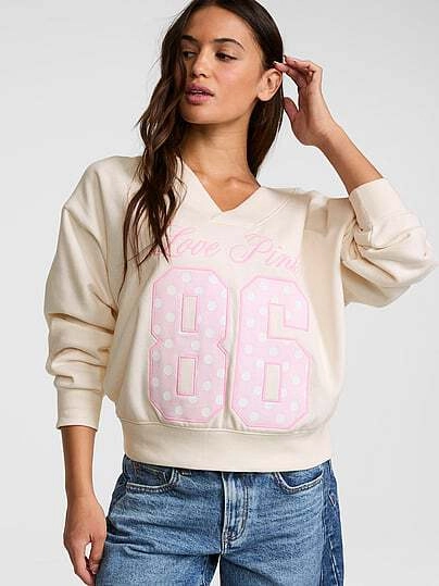 Pink Campus Fleece V-neck Sweatshirt - Grey