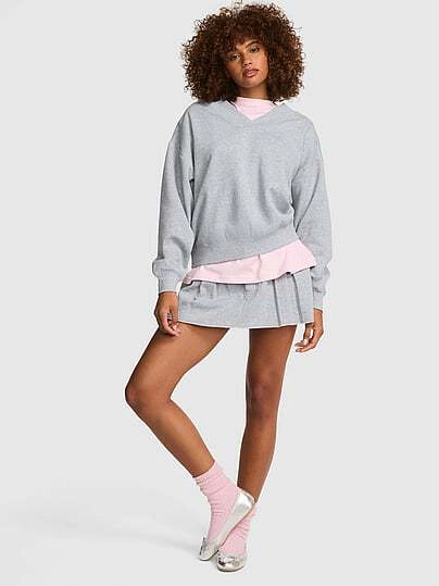Pink Campus Fleece V-neck Sweatshirt - Grey