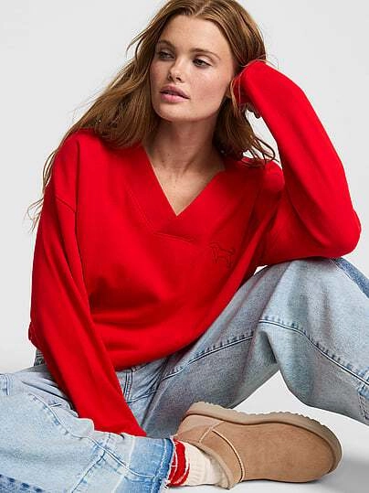 Pink Campus Fleece V-neck Sweatshirt - Red