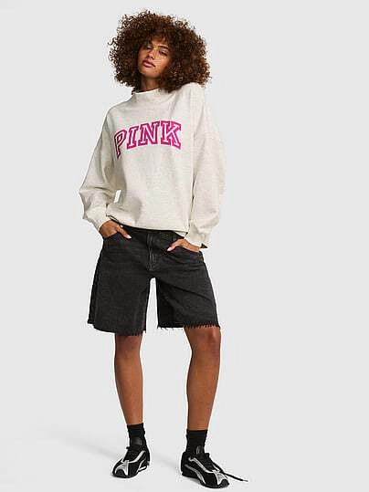 Pink Oversized Mock Neck Fleece Sweatshirt - Grey