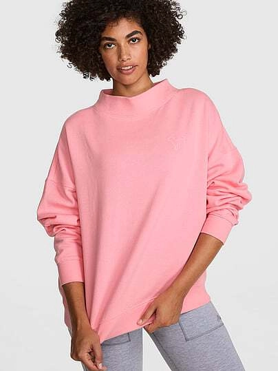 Pink Oversized Mock Neck Fleece Sweatshirt - Pink