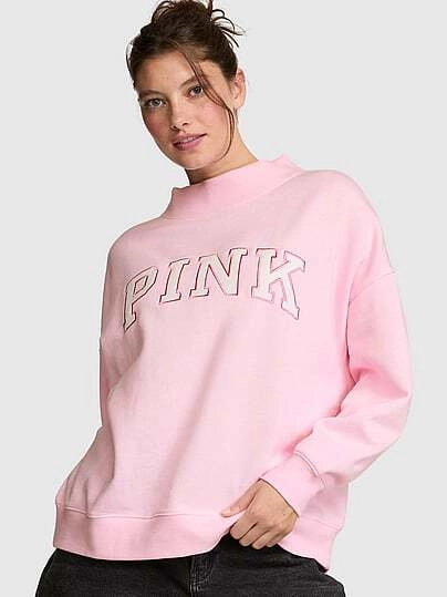 Pink Oversized Mock Neck Fleece Sweatshirt - Pink