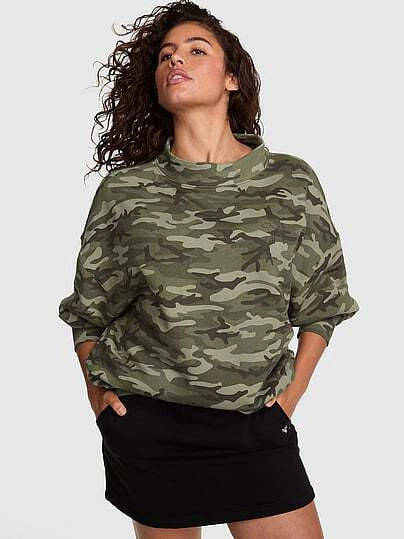 Pink Oversized Mock Neck Fleece Sweatshirt - Print