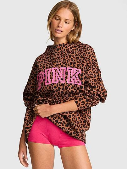 Pink Oversized Mock Neck Fleece Sweatshirt - Print