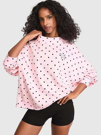 Pink Oversized Mock Neck Fleece Sweatshirt - Print
