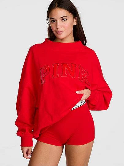 Pink Oversized Mock Neck Fleece Sweatshirt - Red