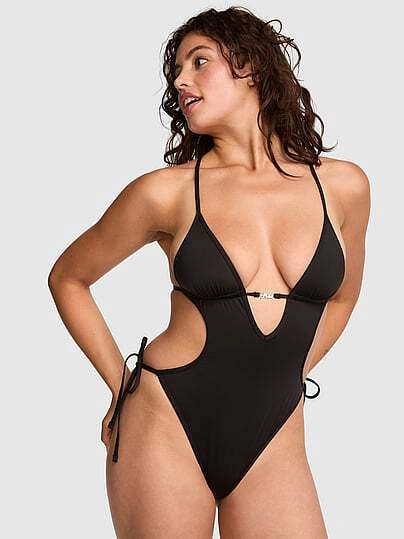 Pink Plunge Monokini Swimsuit - Black