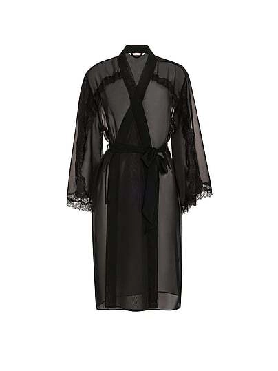 Victoria's Secret Very Sexy Chiffon Lace-trim Midi Robe - Black