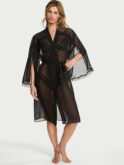 Victoria's Secret Very Sexy Chiffon Lace-trim Midi Robe - Black