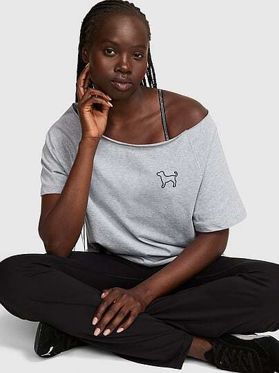 Pink Campus Cotton™ Oﬀ-the-shoulder Boxy Tee - Grey