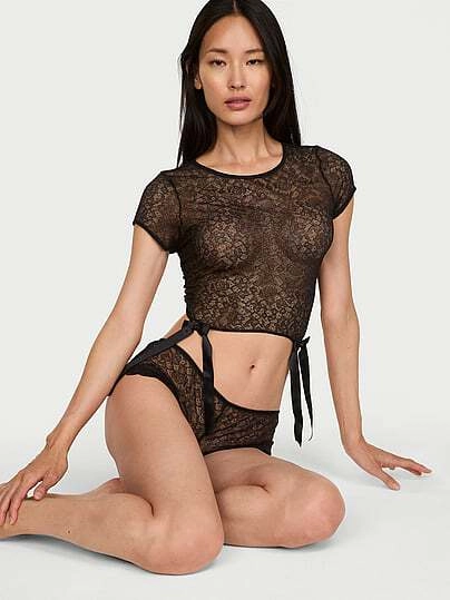 Victoria's Secret Tease Lace Tee & Shortie Set - Black