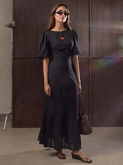 Victoria's Secret Aurelia Puff Sleeve Midi Dress - Black