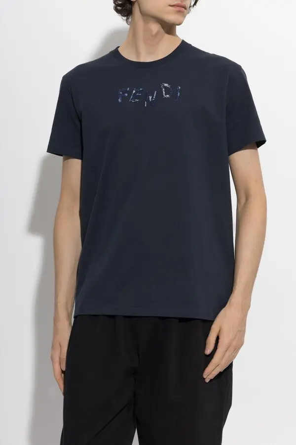 Fendi T-shirt With Embroidered Logo - Navy Blue