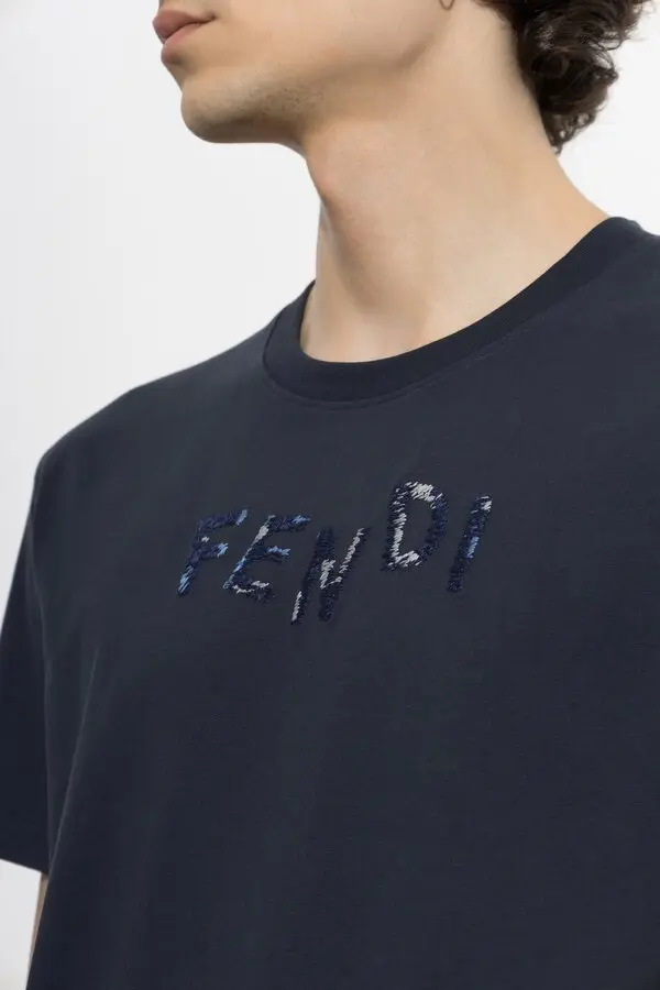 Fendi T-shirt With Embroidered Logo - Navy Blue
