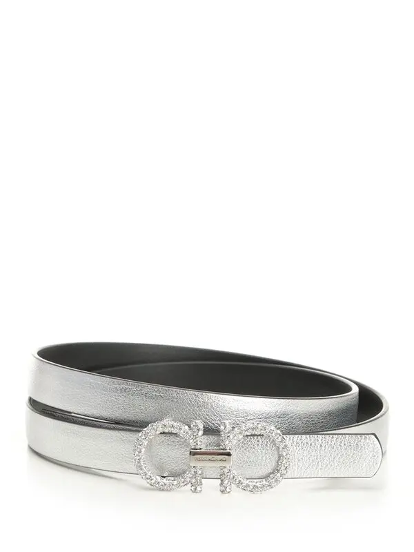 FERRAGAMO Adjustable Gancini Belt With Crystal Embellishments - Silver