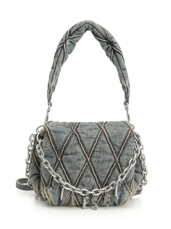 DIESEL® Charm-d Quilted Denim Shoulder Bag With Rhinestone Charms - Blue
