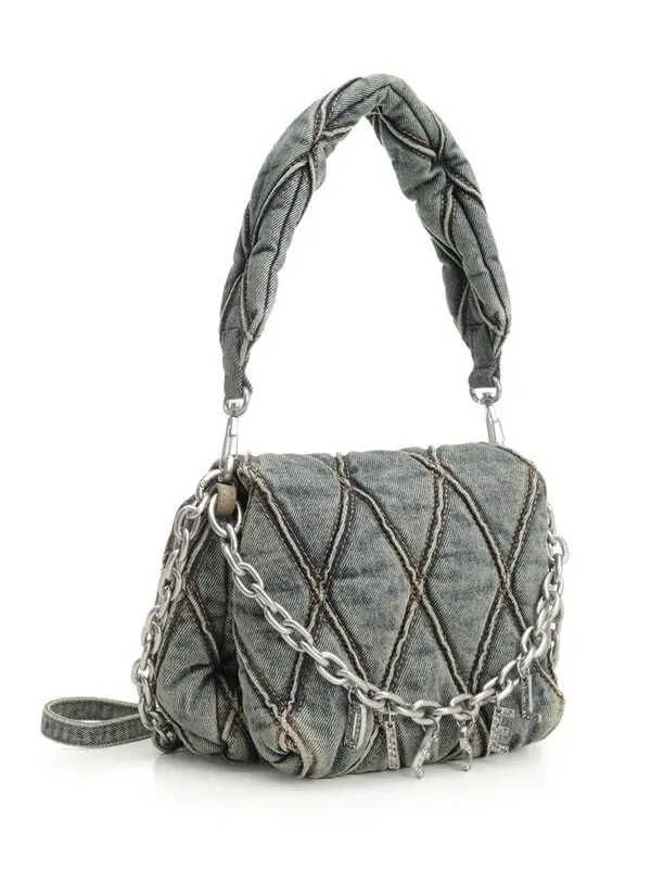 DIESEL® Charm-d Quilted Denim Shoulder Bag With Rhinestone Charms - Blue