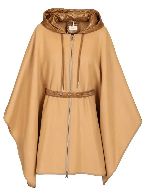 Moncler Padded Wool Blend Cape With Hood - Cream