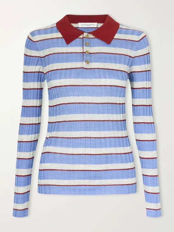 Brandon Maxwell The Joni Striped Silk And Cashmere-blend Polo Sweater - Blue