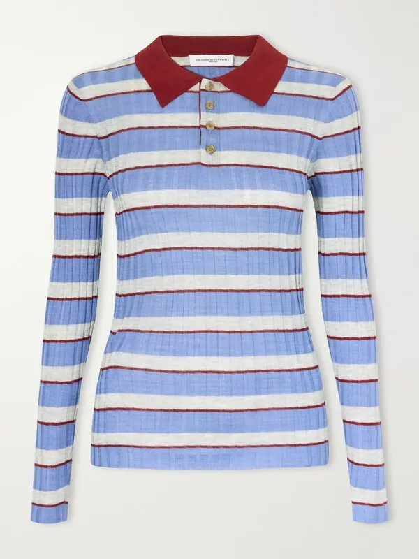 Brandon Maxwell The Joni Striped Silk And Cashmere-blend Polo Sweater - Blue