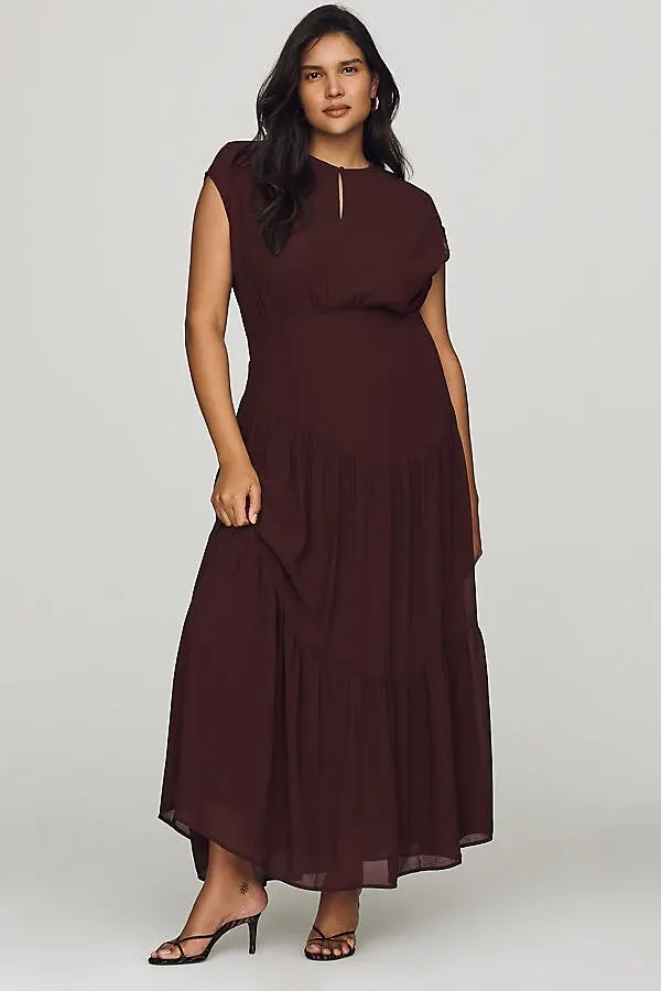 Anthropologie Waisted Cap-sleeve Dress - Burgundy