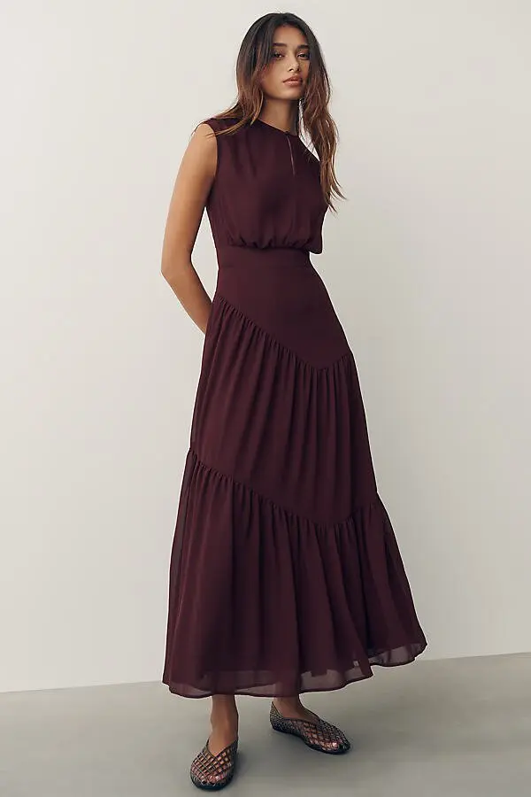 Anthropologie Cap-sleeve Tiered Maxi Dress - Burgundy