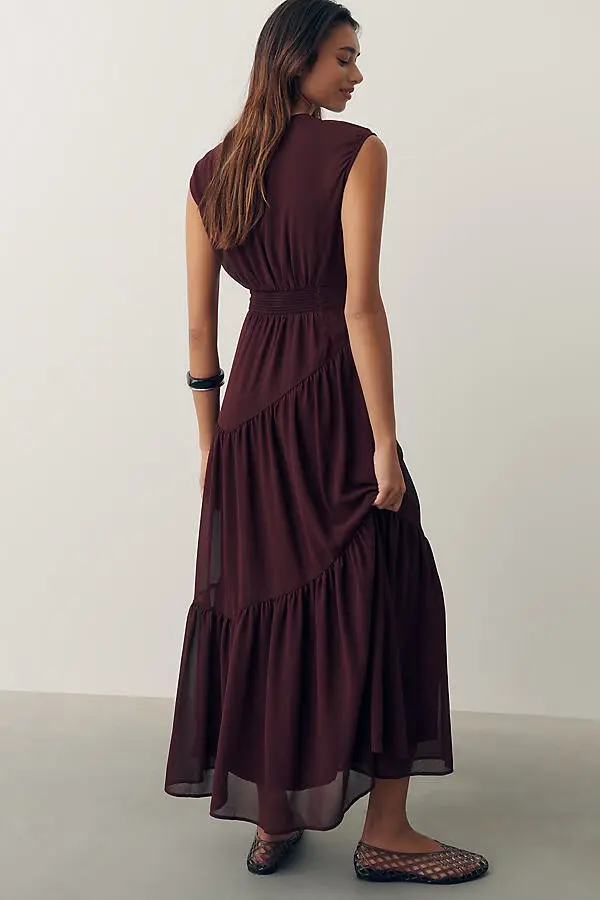 Anthropologie Cap-sleeve Tiered Maxi Dress - Burgundy