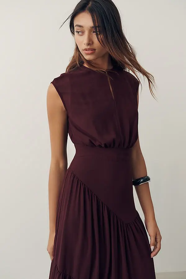 Anthropologie Cap-sleeve Tiered Maxi Dress - Burgundy
