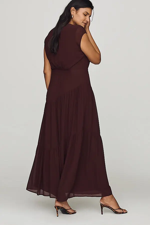 Anthropologie Cap-sleeve Tiered Maxi Dress - Burgundy