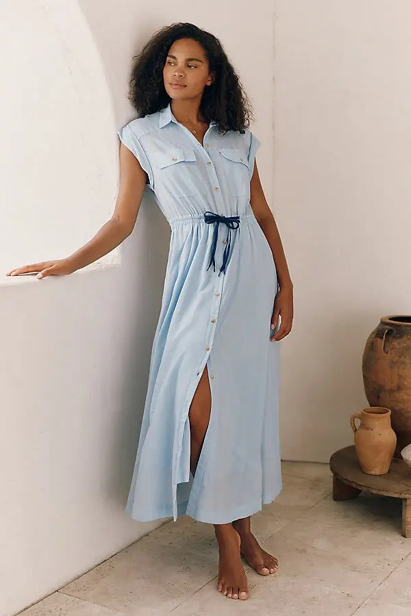 CELANDINE Tie-waist Shirt Dress - Cerulean