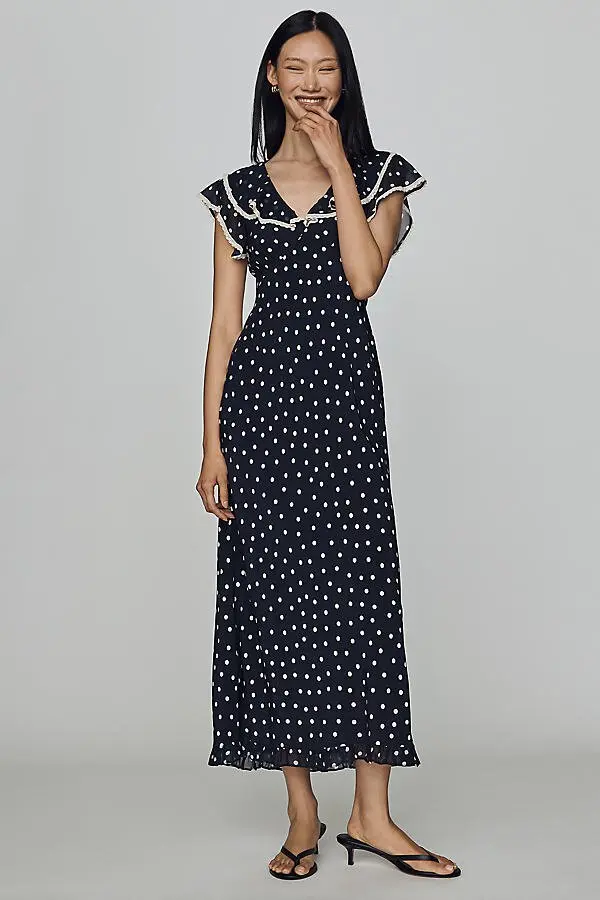 Rixo Chandra Cotton Ruffle Maxi Dress - Beth Check Black