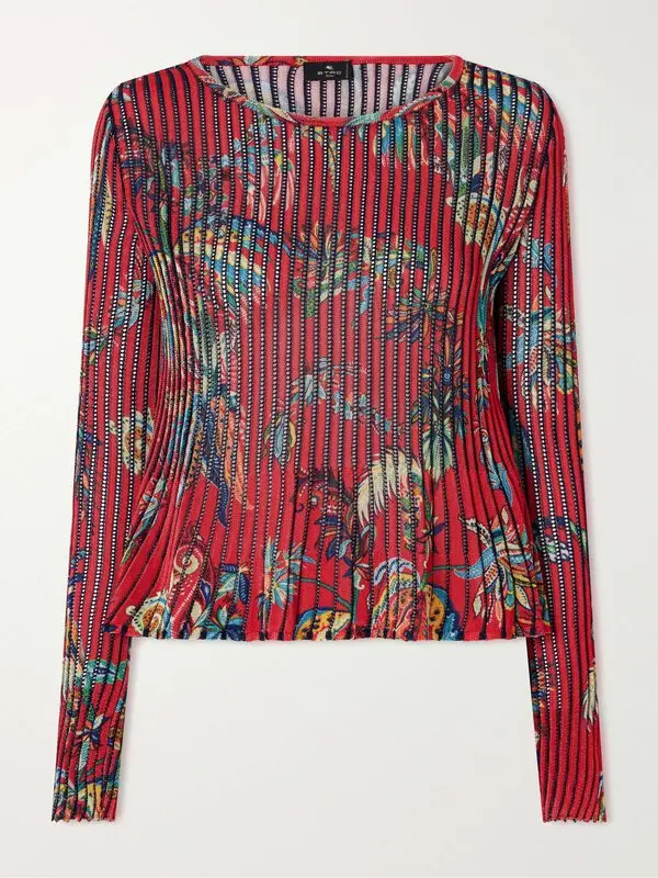 Etro Floral-print Open-knit Ribbed Blouse - Red