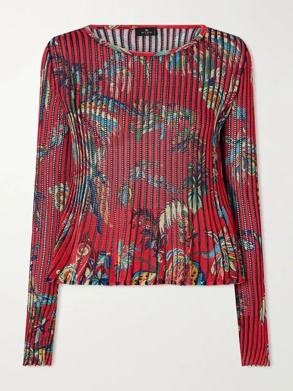 Etro Floral-print Open-knit Ribbed Blouse - Red