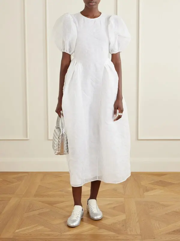 Cecilie Bahnsen Crinkled Papillon Matelassé Midi Dress - White