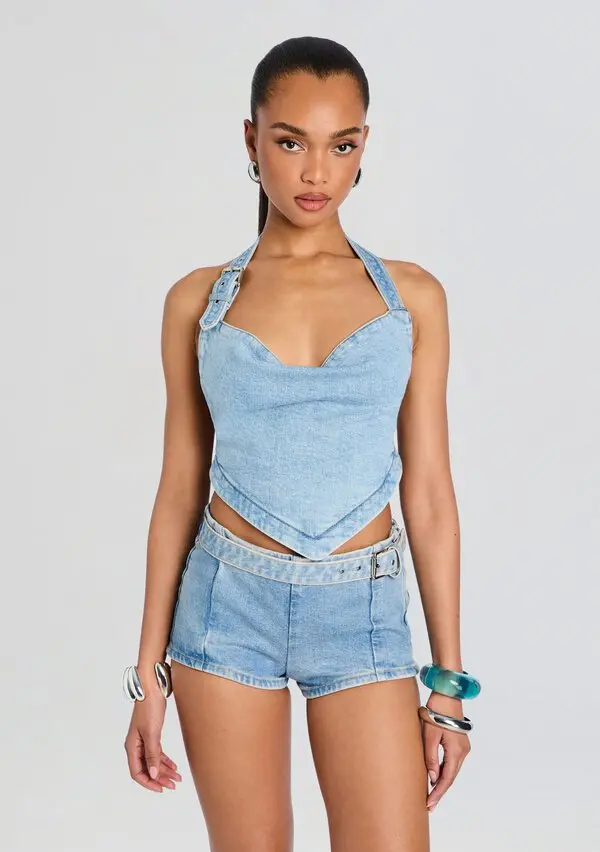 Retrofete Amelisse Denim Halter Top With Cowl Neckline - Bleeker