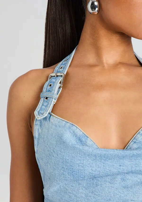 Retrofete Amelisse Denim Halter Top With Cowl Neckline
