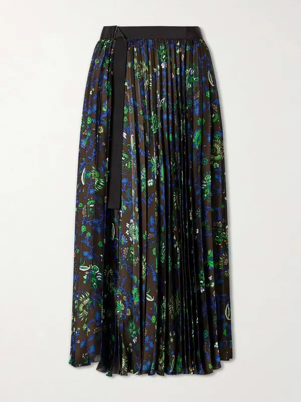 Sacai Belted Grosgrain-trimmed Pleated Floral-print Georgette Midi Skirt - Black