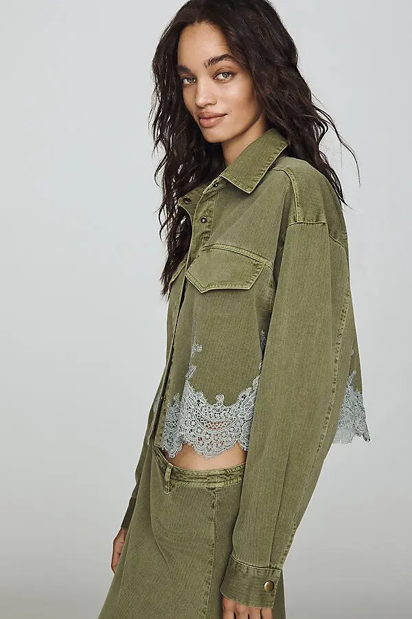 Anthropologie Cotton Lace-hem Buttondown Shirt - Green