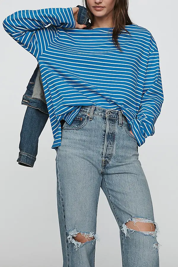 Maeve Greer Striped Cotton Long-sleeve Top - Blue Stripe