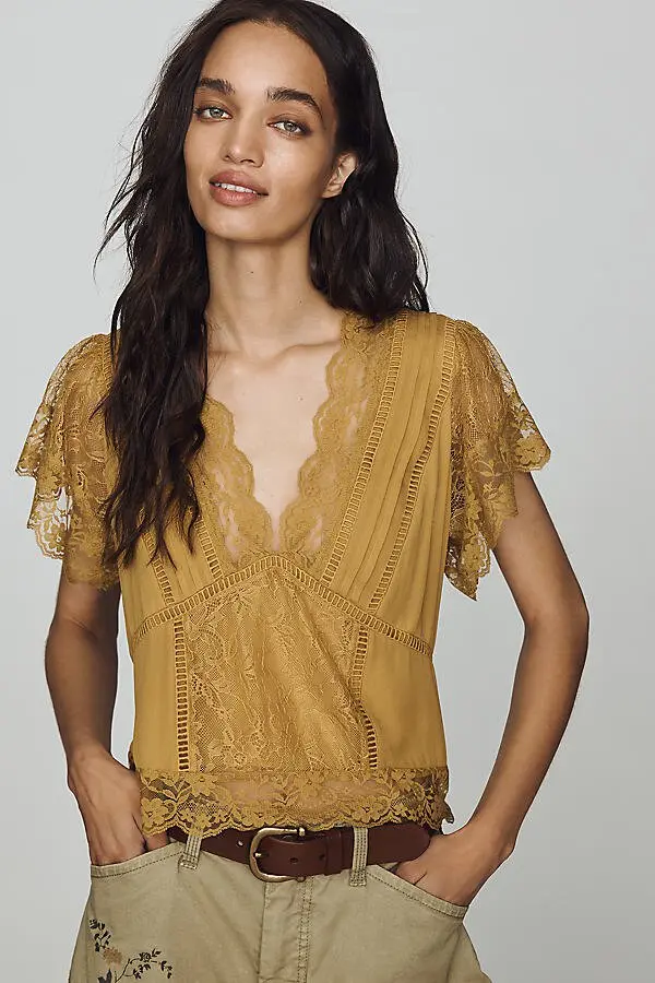 Anthropologie Mixed Lace Top - Bronze Mist
