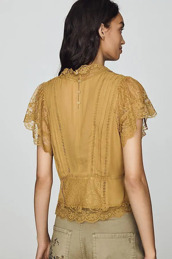 Anthropologie Mixed Lace Top - Bronze Mist