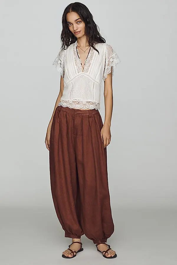 Anthropologie Mixed Lace Top With Scalloped V-neckline And Flutter Sleeves