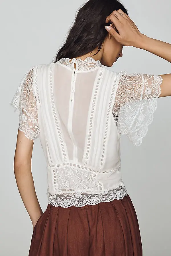 Anthropologie Mixed Lace Top With Scalloped V-neckline And Flutter Sleeves