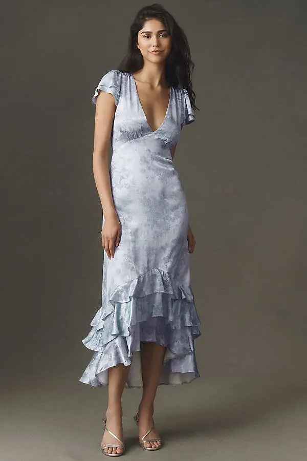 Bhldn Jacquard Ruffle Midi Dress - Blue Pattern