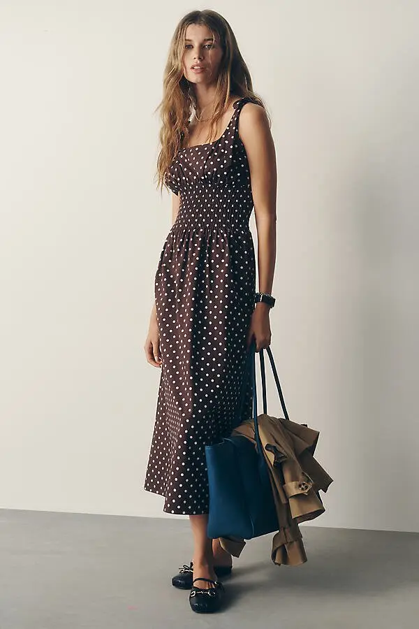 Maeve 100% Cotton Smocked Midi Dress With Square Neckline - Brown Dot