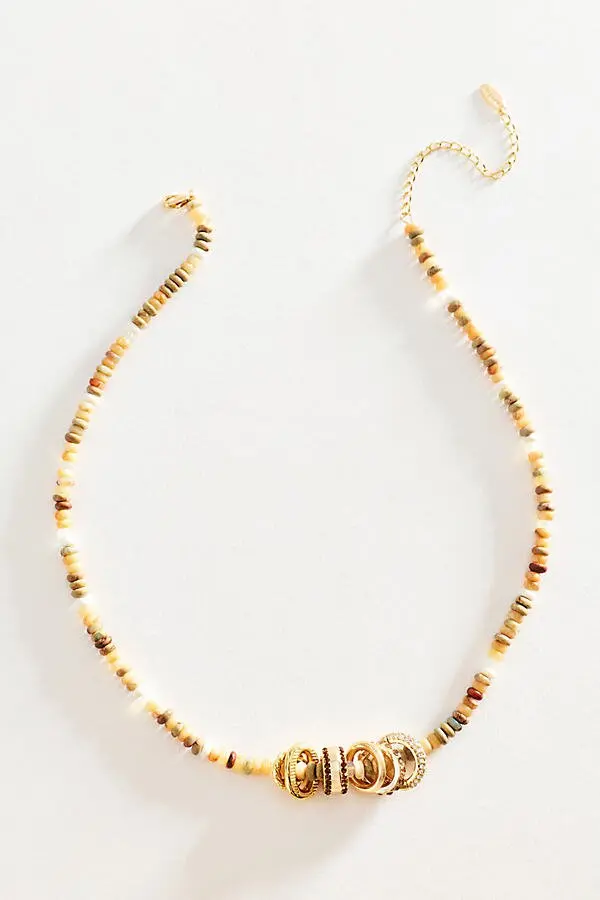 Anthropologie Linked Ring Beaded Necklace - Neutral Pattern