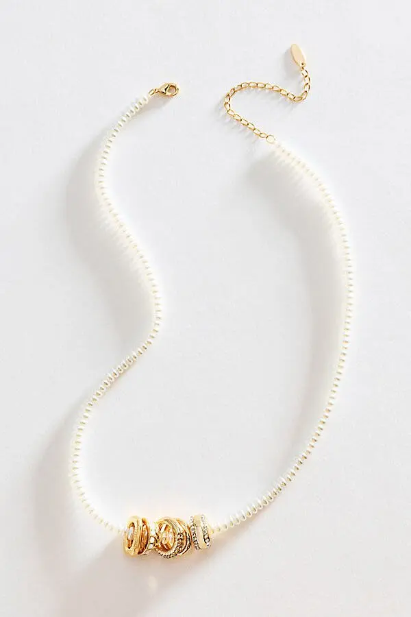 Anthropologie Linked Ring Beaded Necklace - Pearl